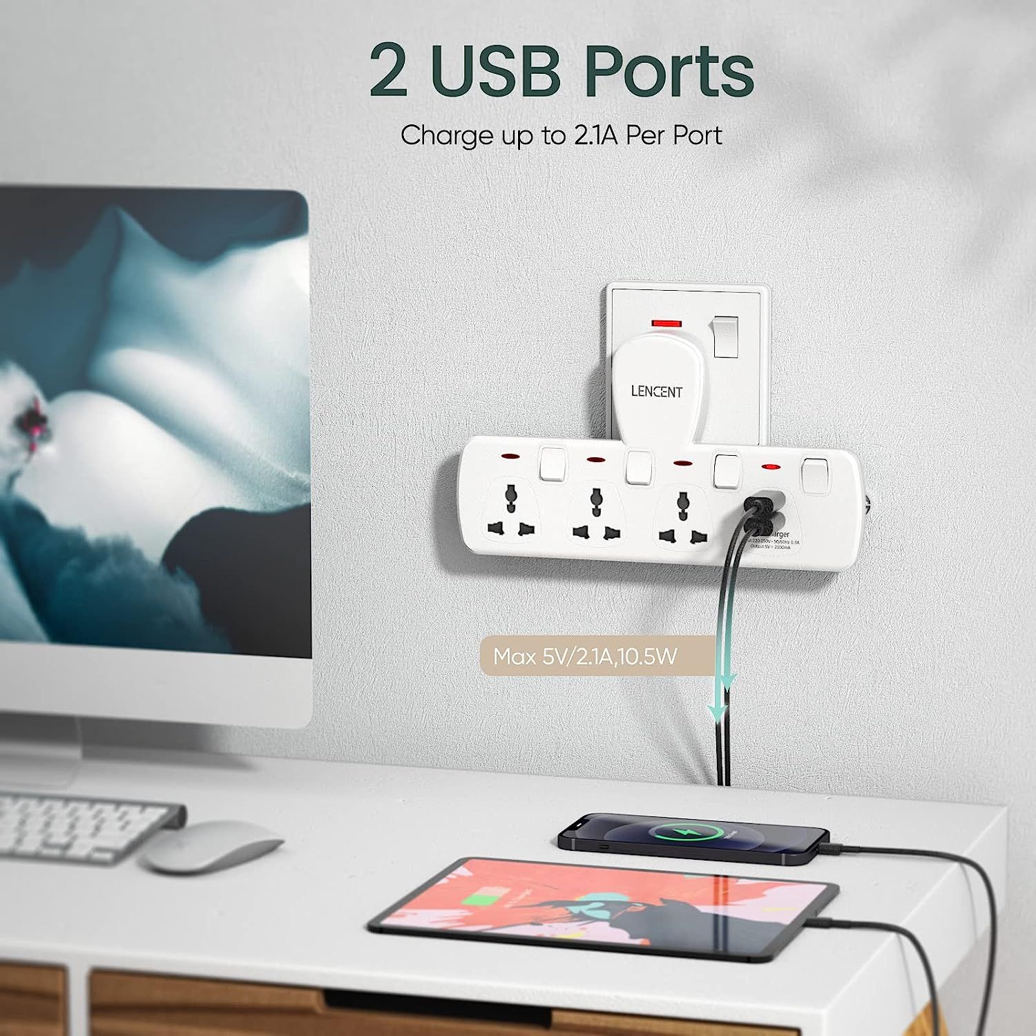 LENCENT Multi Plug Extension Socket with USB, 3 Way Electrical Outlet ...