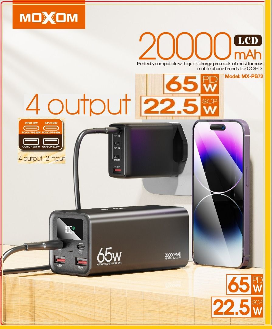 Moxom MX-PB72 PD65W 20000mAh LCD Power Bank PD 65W QC SCP 22.5W Super ...