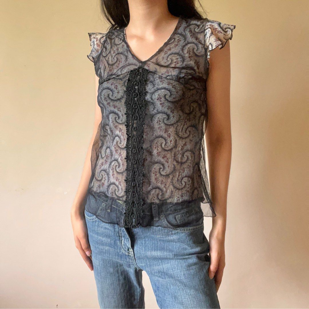 Paisley Black Sheer Overlay Top, Women's Fashion, Tops, Blouses on ...