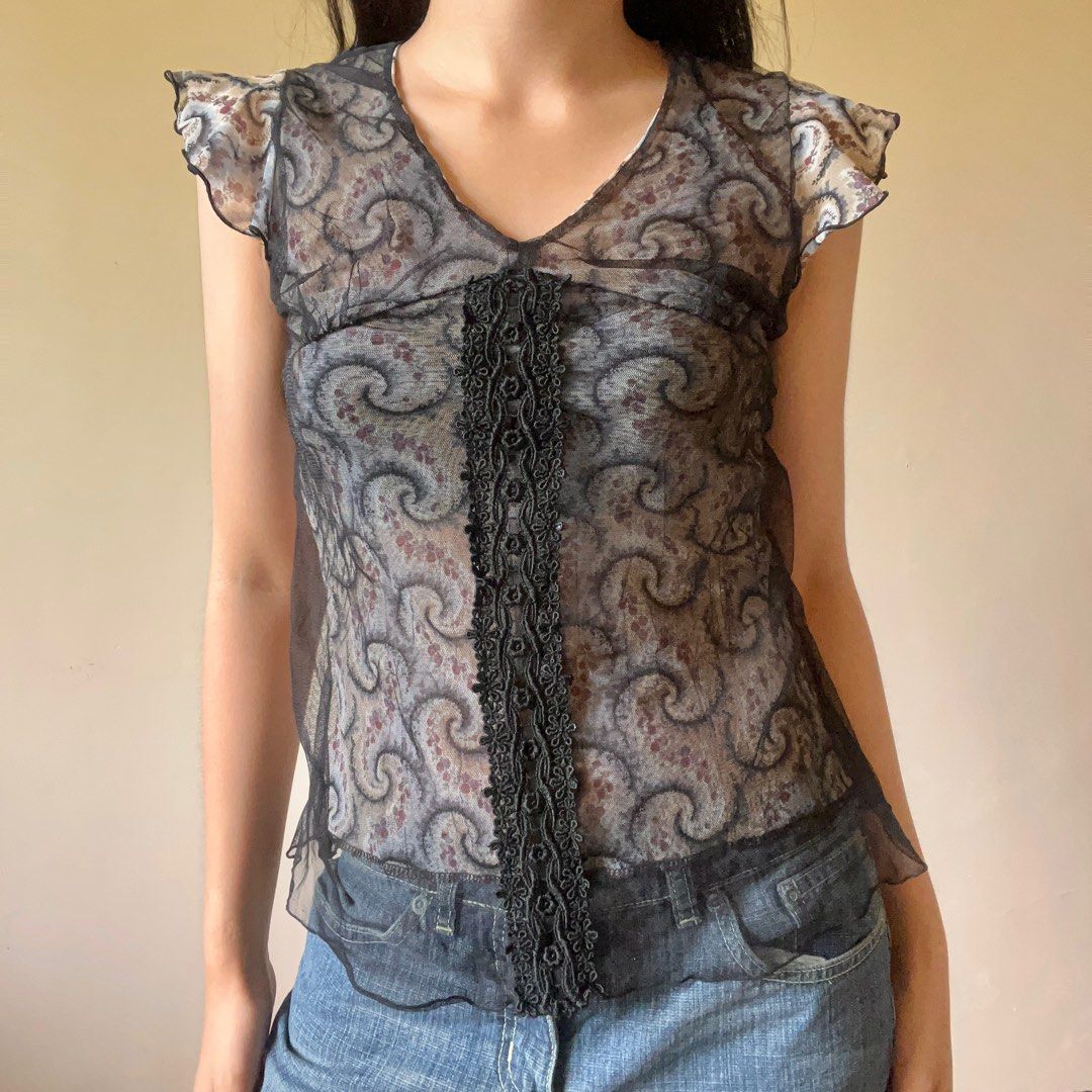 Paisley Black Sheer Overlay Top, Women's Fashion, Tops, Blouses on ...