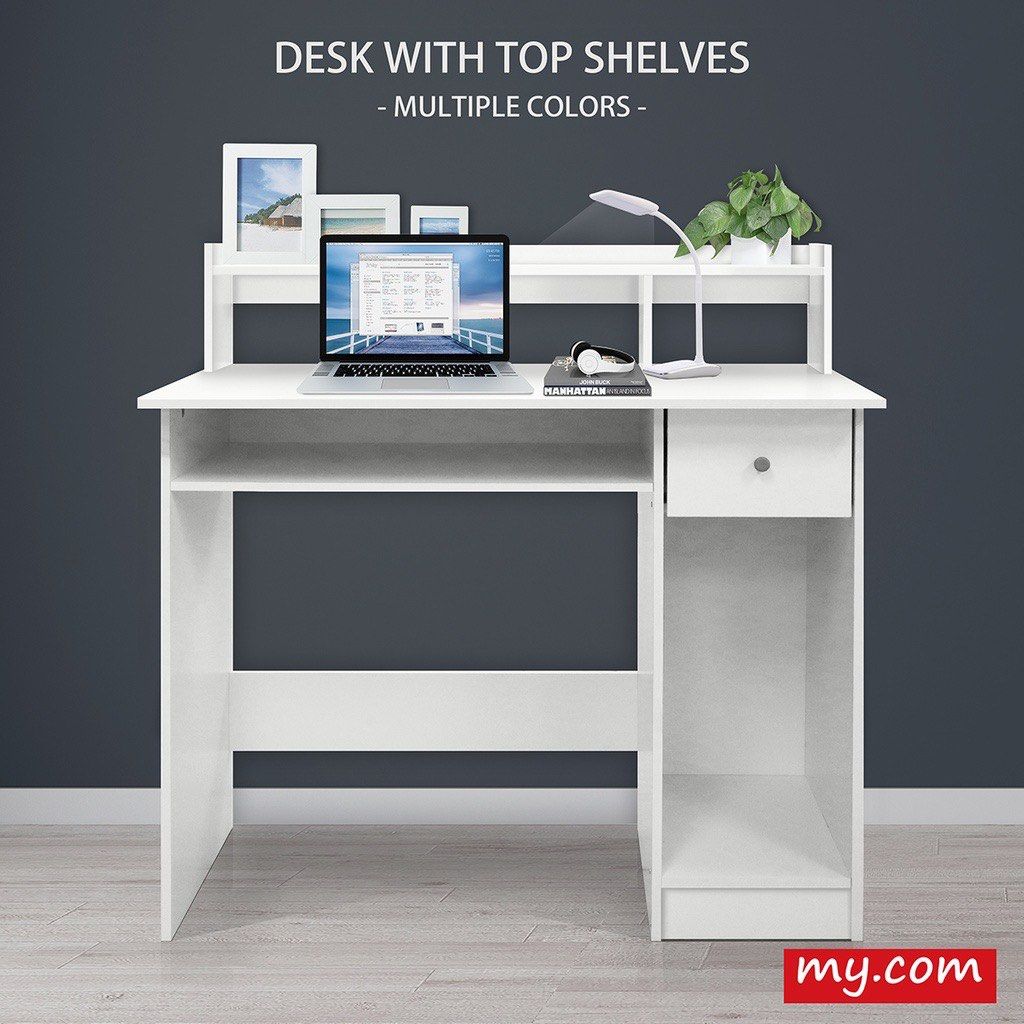Study Desk with Top Shelves | Writing Table | Meja belajar | Laptop ...
