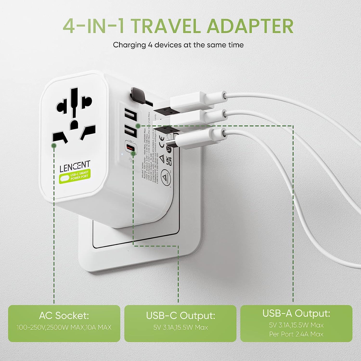 Universal Travel Adaptor Plug with 2 USB Ports and 1 Type C, LENCENT ...
