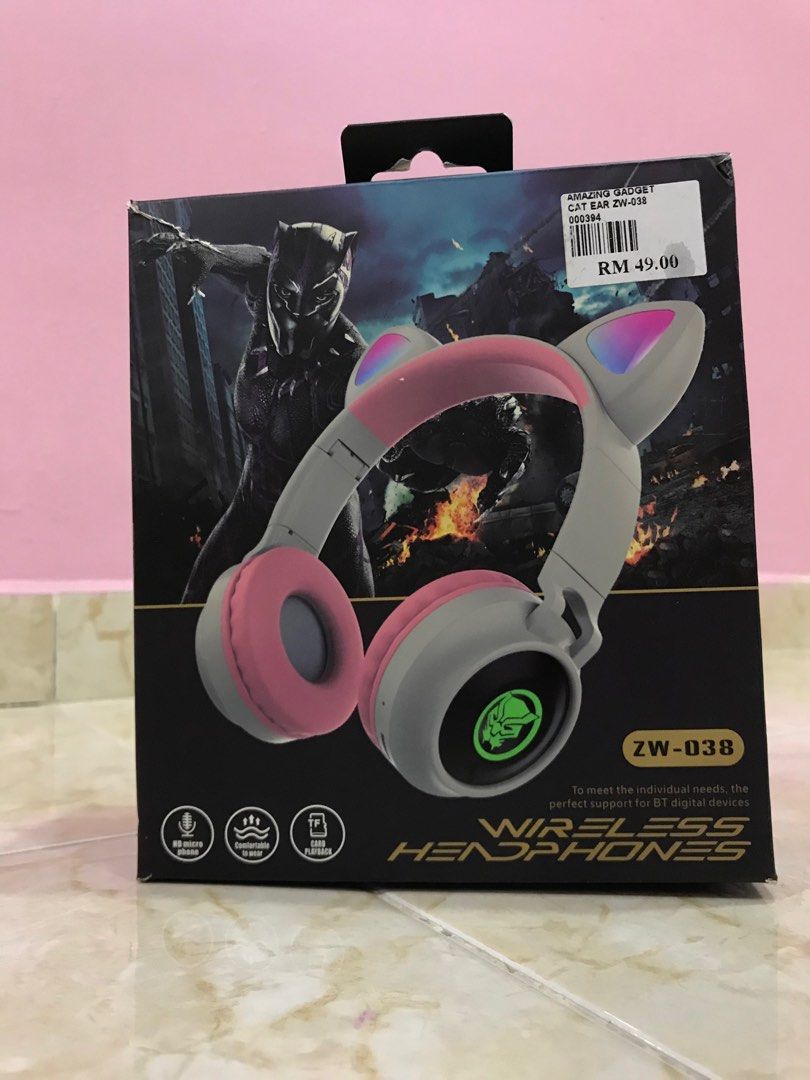 white pink cat ears headphone telinga kucing, Audio, Headphones ...