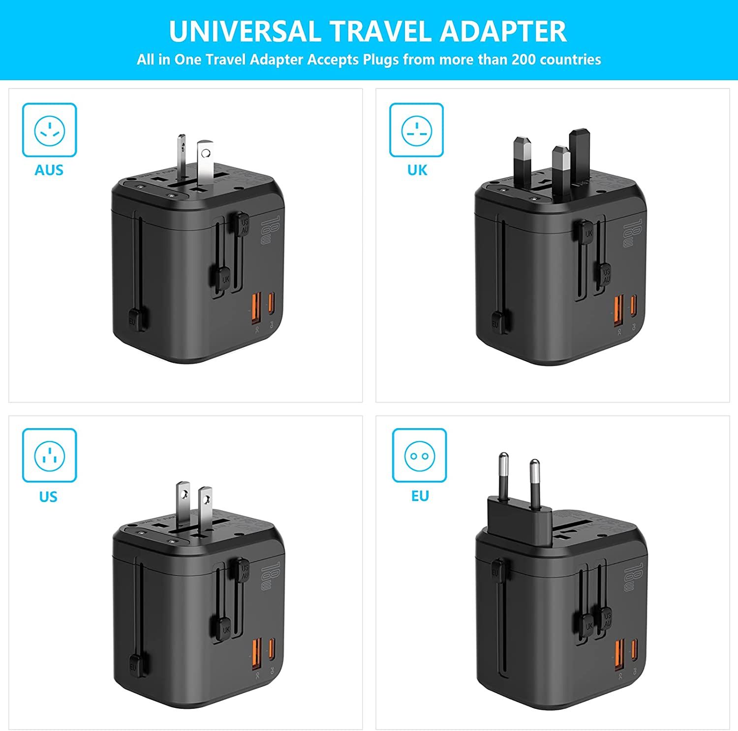 Worldwide Travel Adapter, Universal Adapter 2300W with Dual AC, 4 USB ...