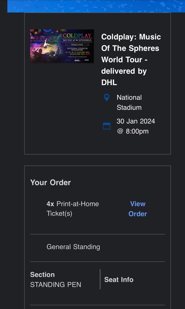 WTS 1 x Coldplay ticket (30th Jan 2024) standing, Tickets & Vouchers ...