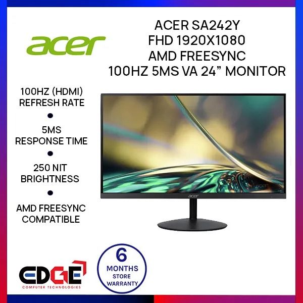Acer SA242Y Monitor 23.8", 100Hz refresh rate, 1ms response time, FHD ...