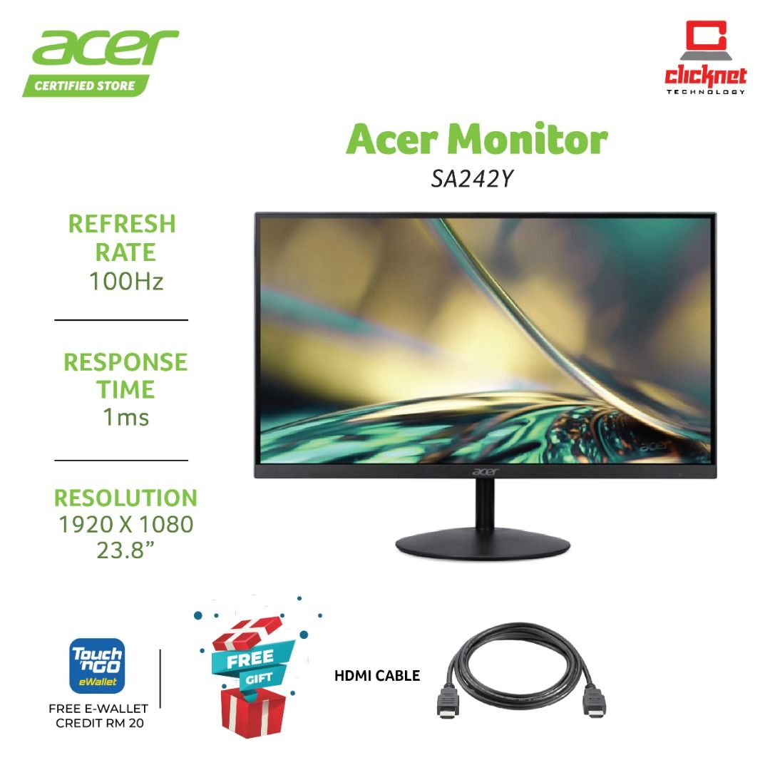 Acer SA242Y Monitor 23.8", 100Hz refresh rate, 1ms response time, FHD ...