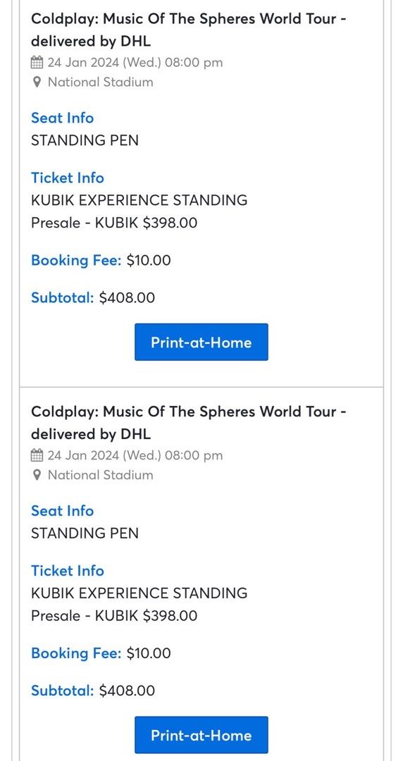 Coldplay SG Kubik Tickets per pair ( 24/1/2024 Wednesday), Tickets & Vouchers, Event Tickets on ...