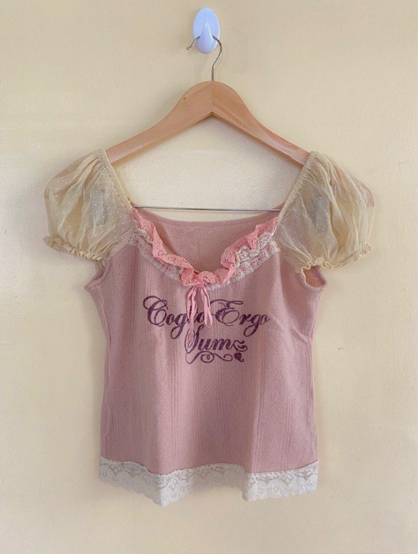 Coquette powder pink top with lace details, Women's Fashion, Tops ...