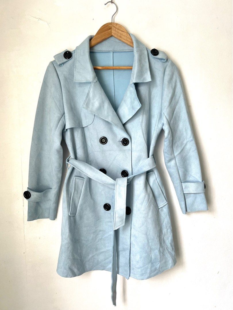 Faux Suede light blue Trench Coat, Women's Fashion, Coats, Jackets and ...