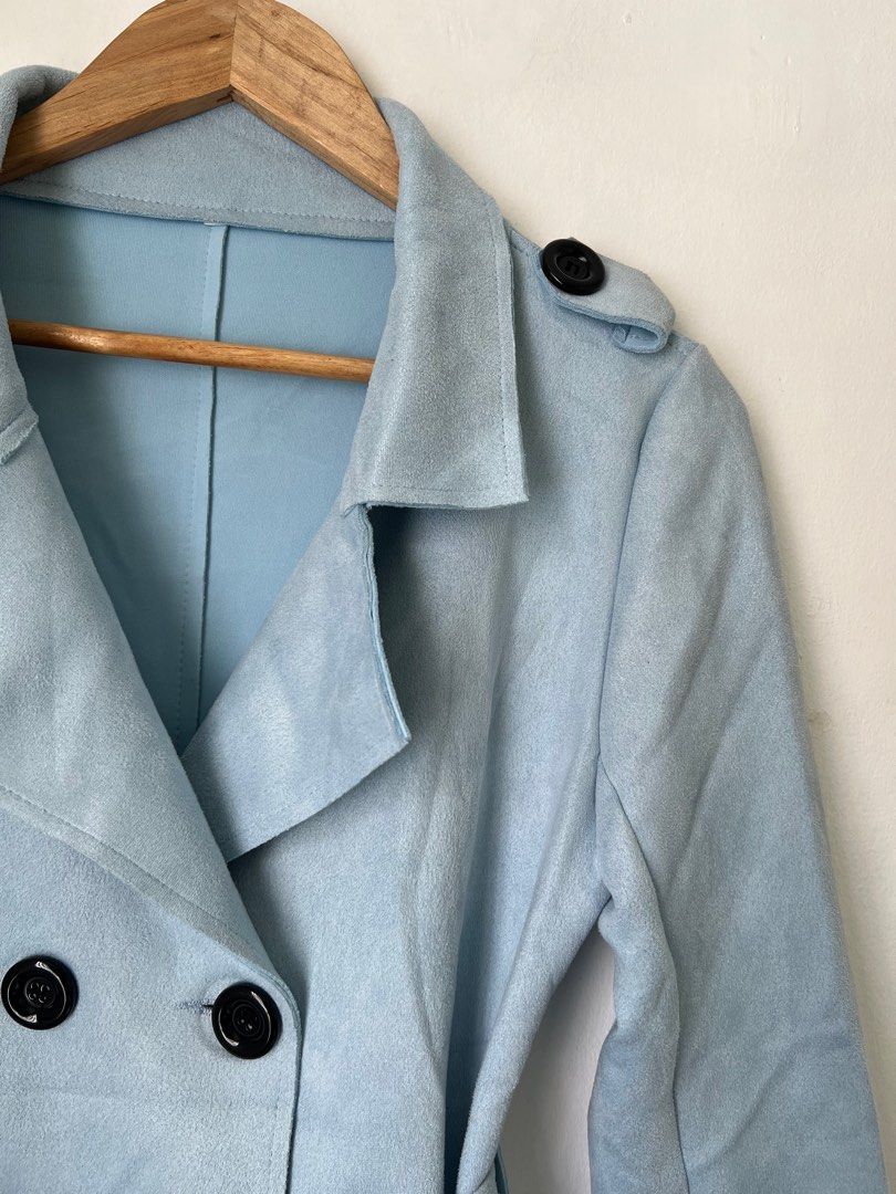 Faux Suede light blue Trench Coat, Women's Fashion, Coats, Jackets and ...