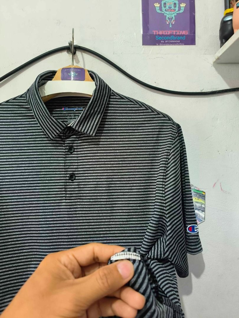 Kaos Polo Champion Garis Garis Abu Abu Tua Hitam Small Logo Lengan, Fesyen Pria, Pakaian ...