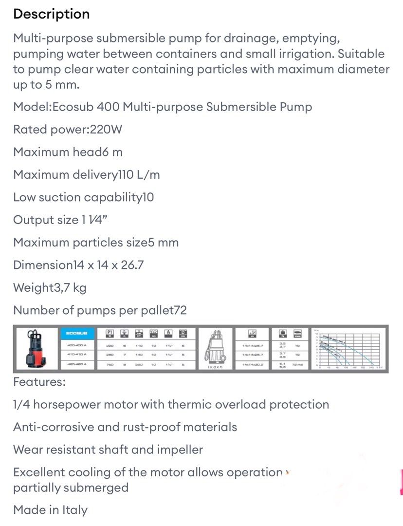 LEADER Submersible Pump Ecosub 400, Furniture & Home Living, Gardening ...