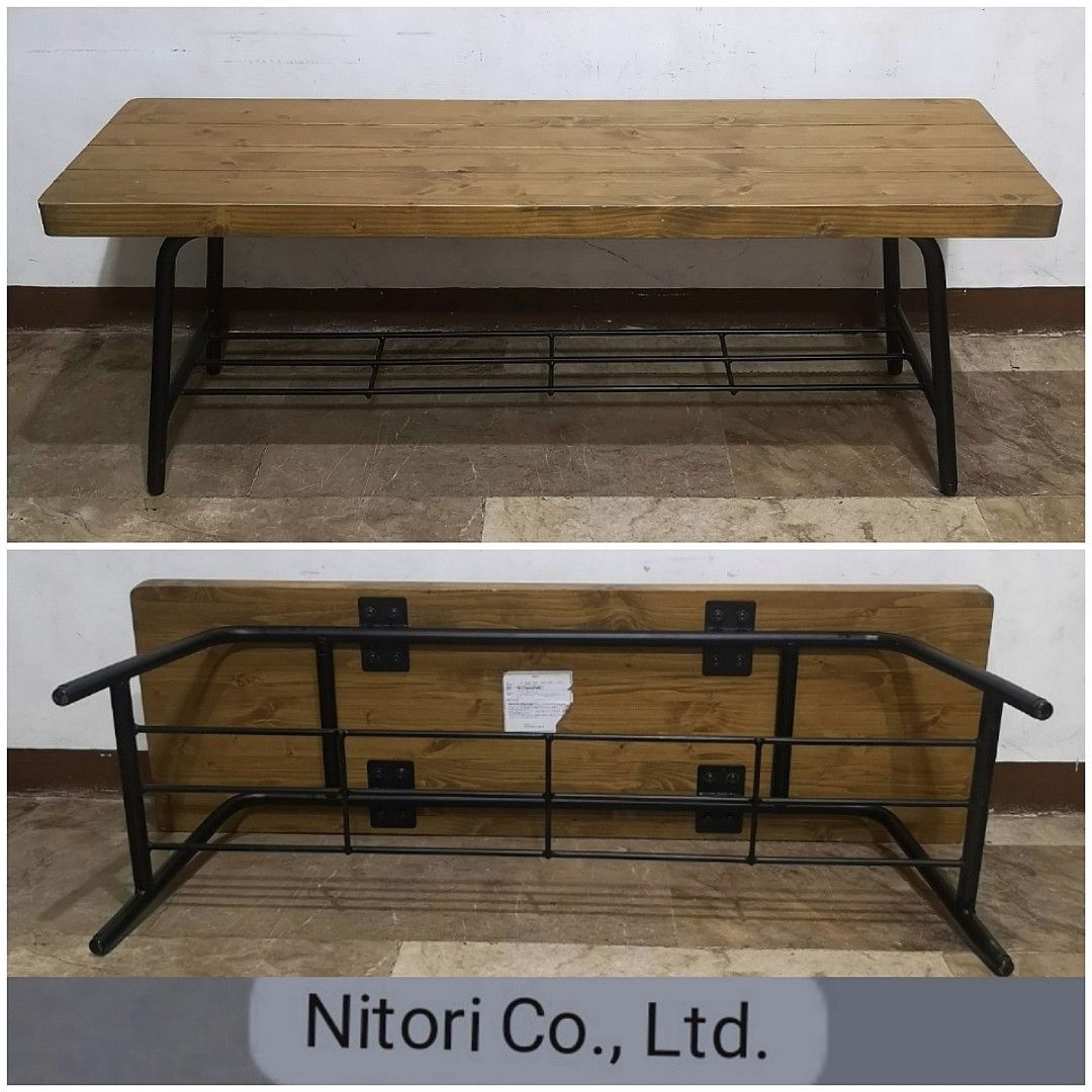 NITORI bench w/ shelf, up to 3 seater, solid wood seat, heavy-duty iron ...