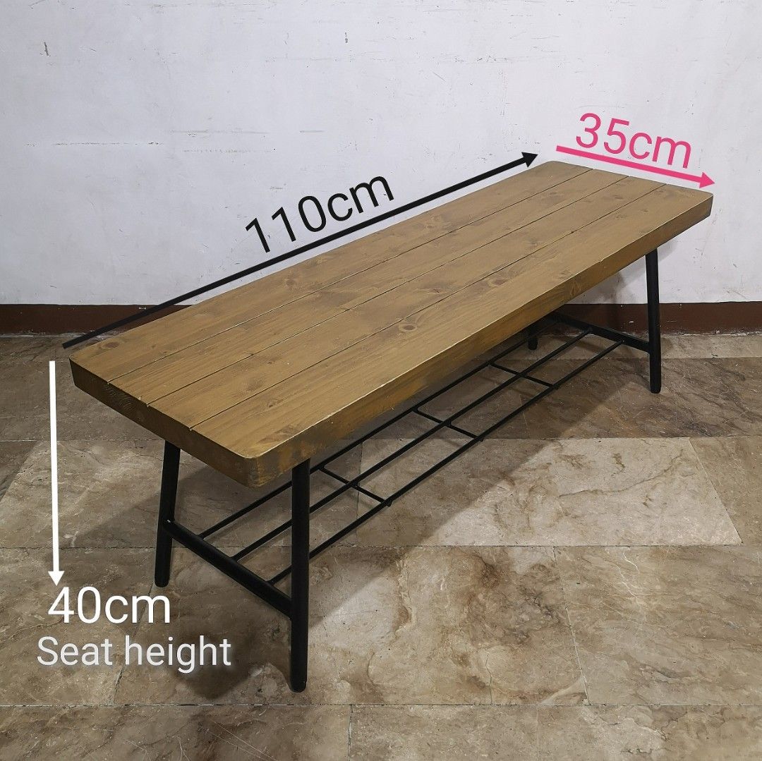 NITORI bench w/ shelf, up to 3 seater, solid wood seat, heavy-duty iron ...