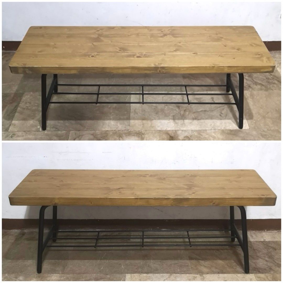 NITORI bench w/ shelf, up to 3 seater, solid wood seat, heavy-duty iron ...