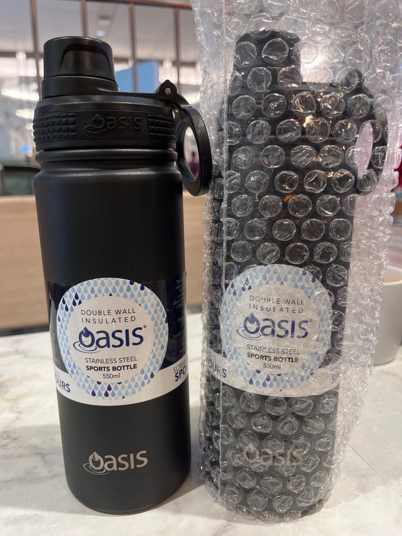 Oasis black double wall insulated stainless steel sports bottle screw ...
