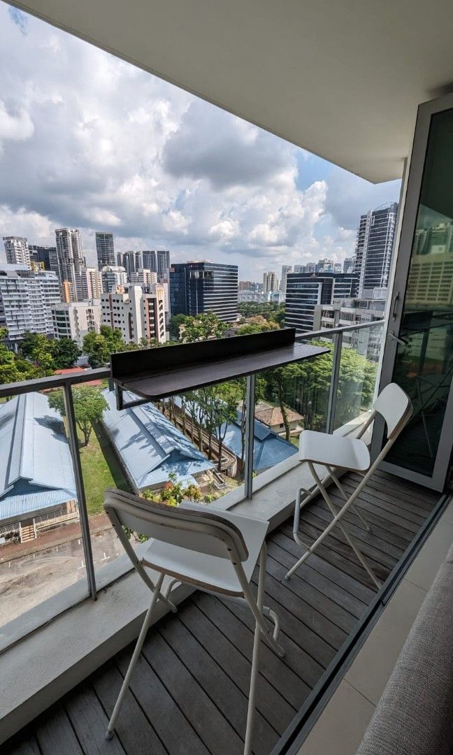 Outdoor Balcony Railing Hanging Table Stand and 2 white IKEA high ...