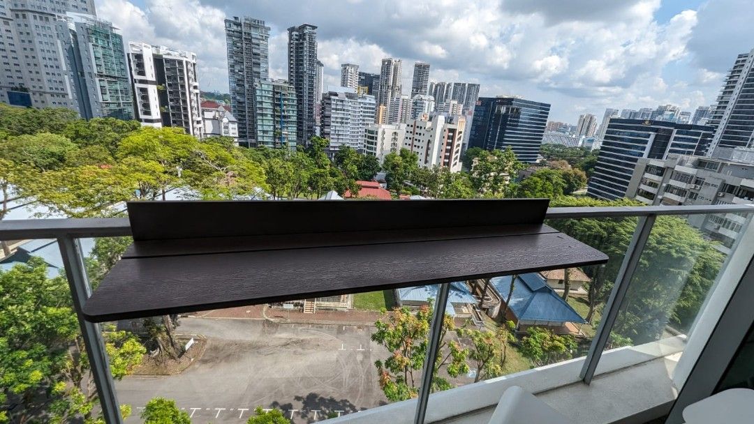 Outdoor Balcony Railing Hanging Table Stand and 2 white IKEA high ...