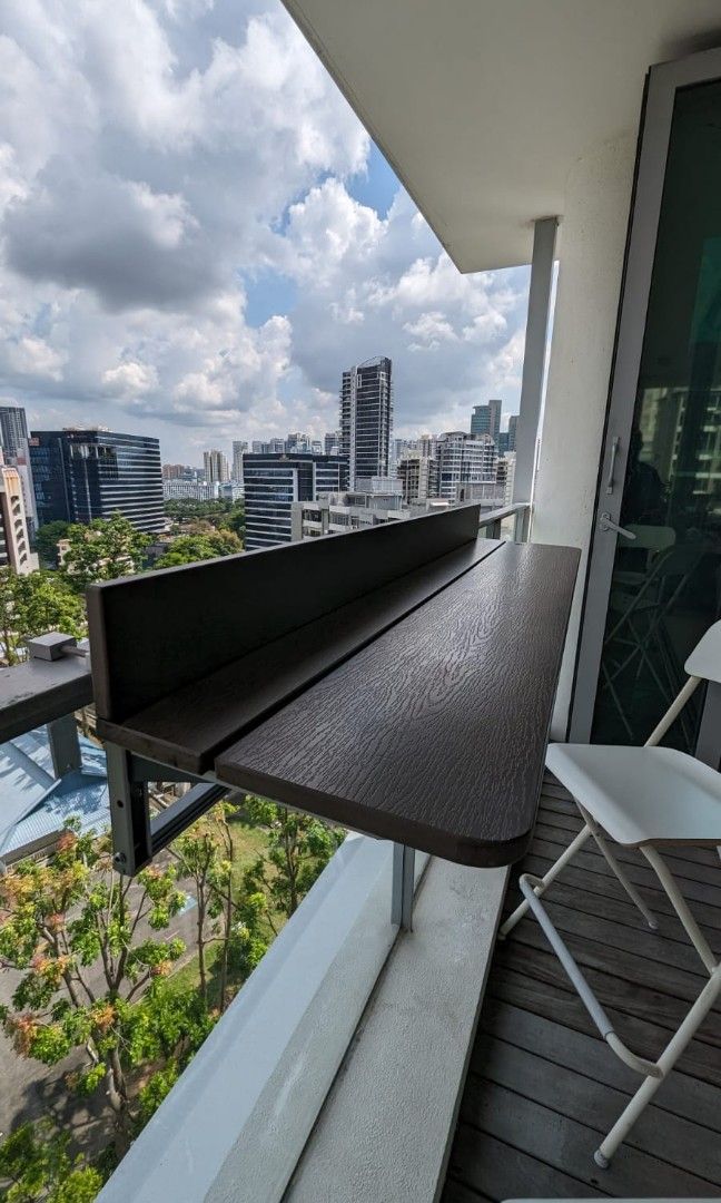 Outdoor Balcony Railing Hanging Table Stand and 2 white IKEA high ...