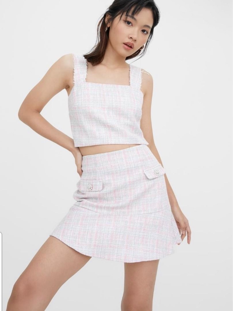 Pomelo 2 Piece Pink Tweed Crop and Skirt Set, Women's Fashion, Dresses ...