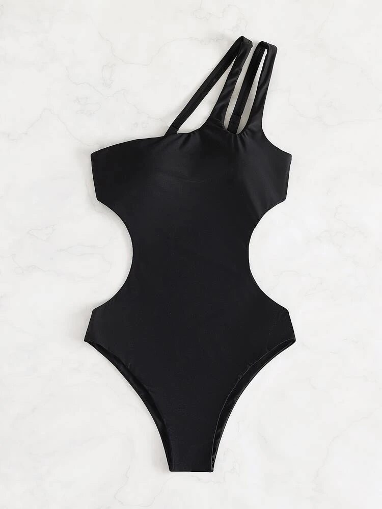 Shein Cut-Out Side One Shoulder One Piece Swimsuit Black, Women's ...