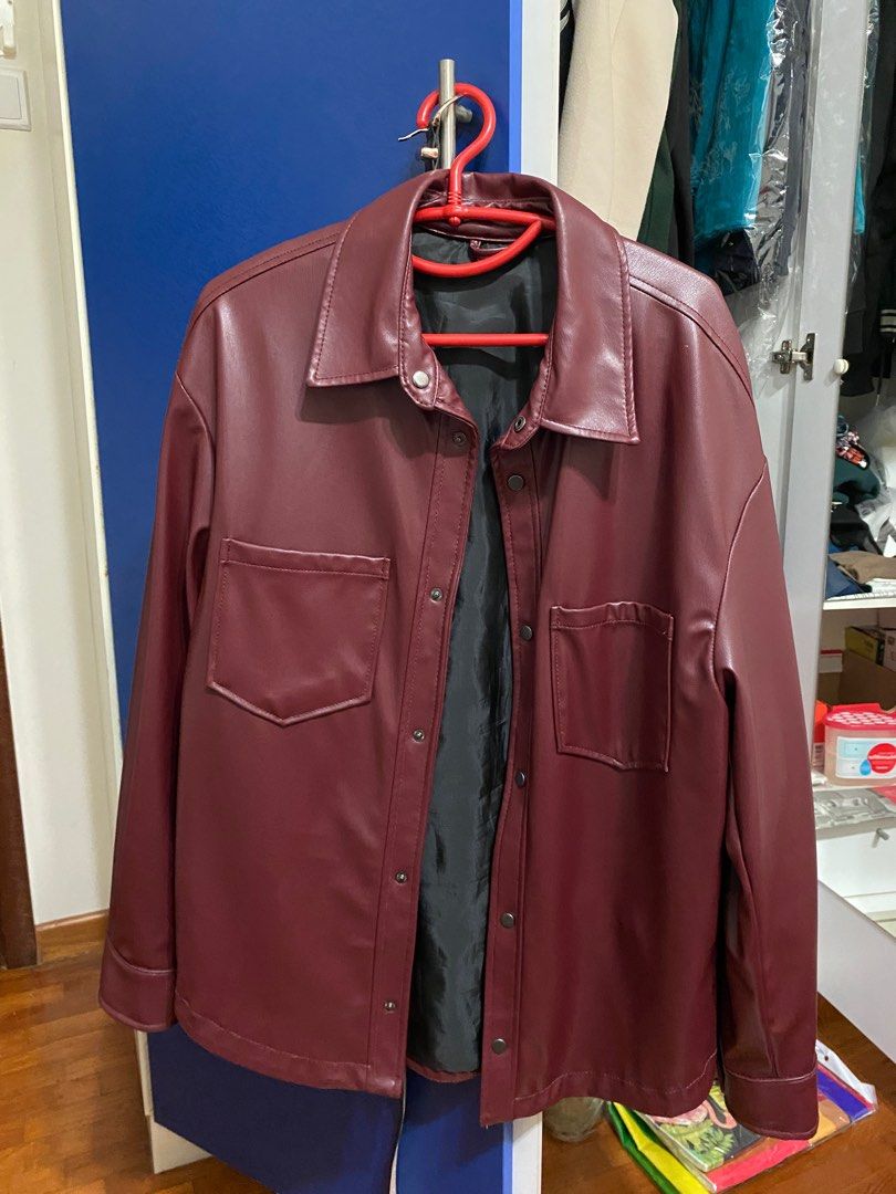 Zara Maroon Leather Jacket, Men's Fashion, Coats, Jackets and Outerwear ...