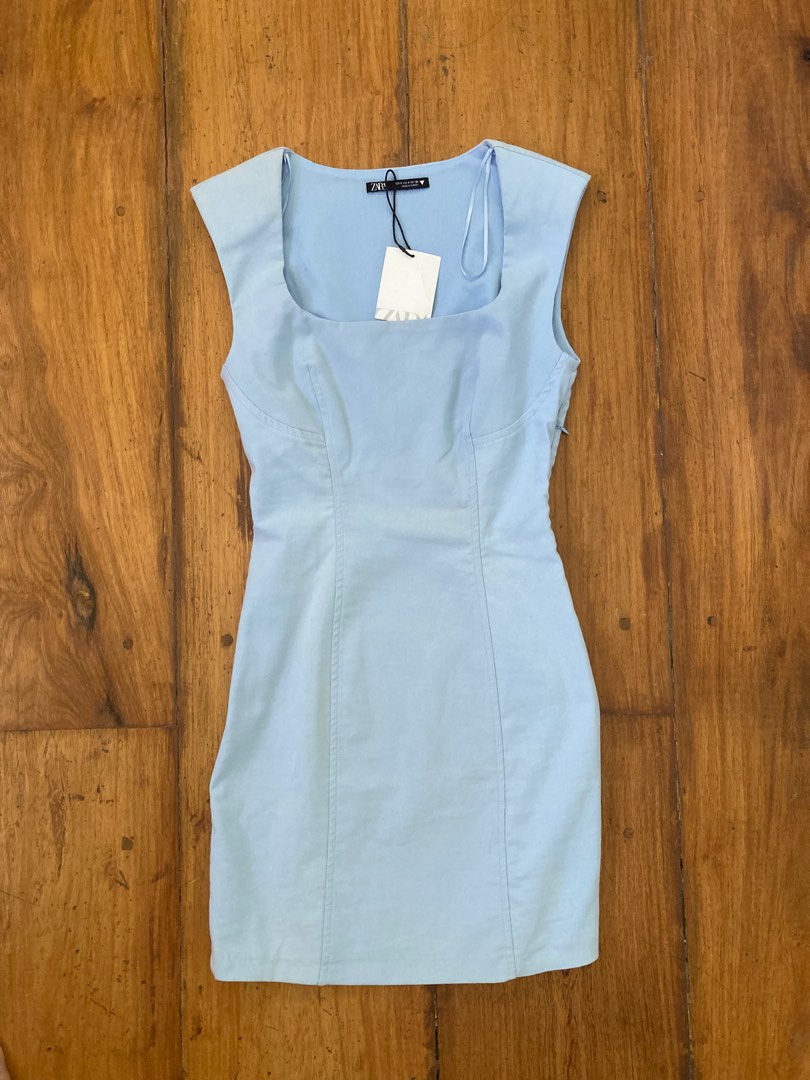 Zara Square Neck Baby Blue Mini Dress, Women's Fashion, Dresses & Sets ...