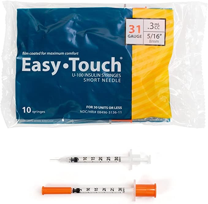 100 PC SET EASY TOUCH U 100 Insulin Syringes Short Needle 31 GAUGE 0.3 ...