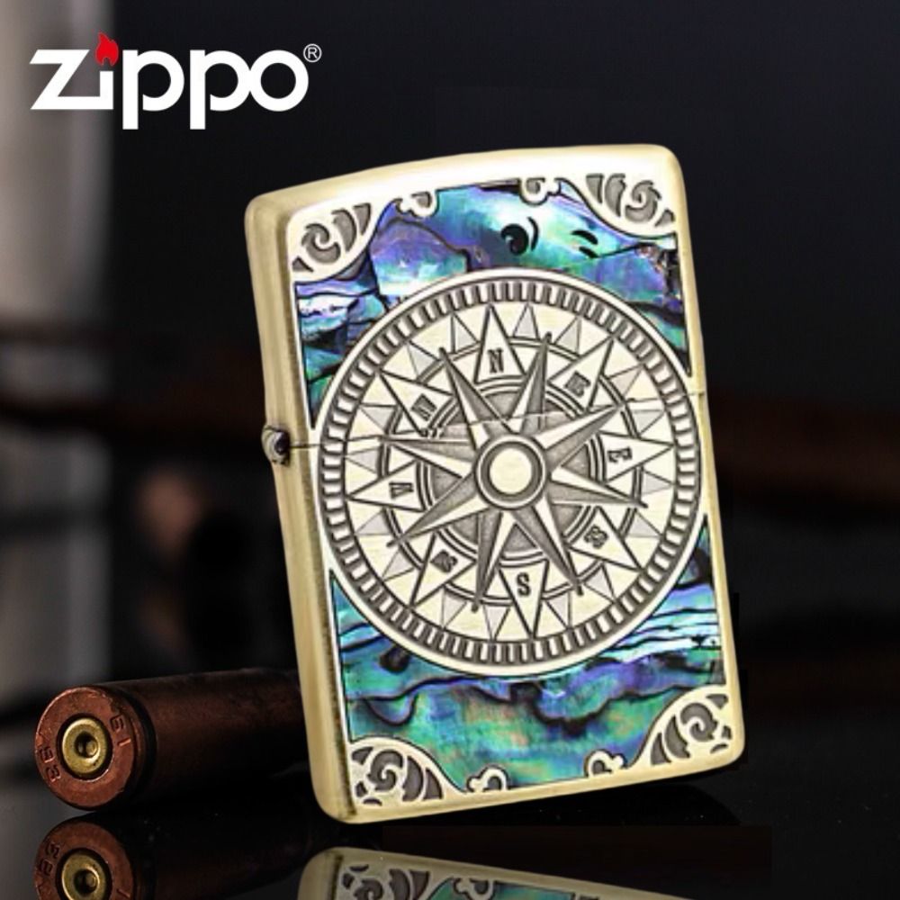 Armor Natural Green Inlay Shell With Antique Gold Compass Engrave Zippo Lighter, Hobbies & Toys ...