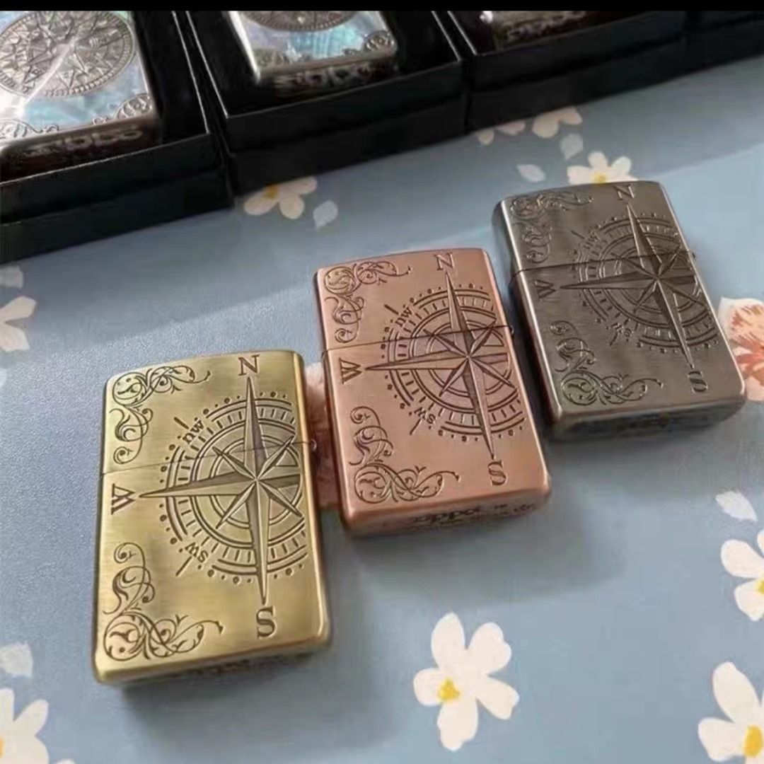 Armor Natural Green Inlay Shell With Antique Gold Compass Engrave Zippo ...