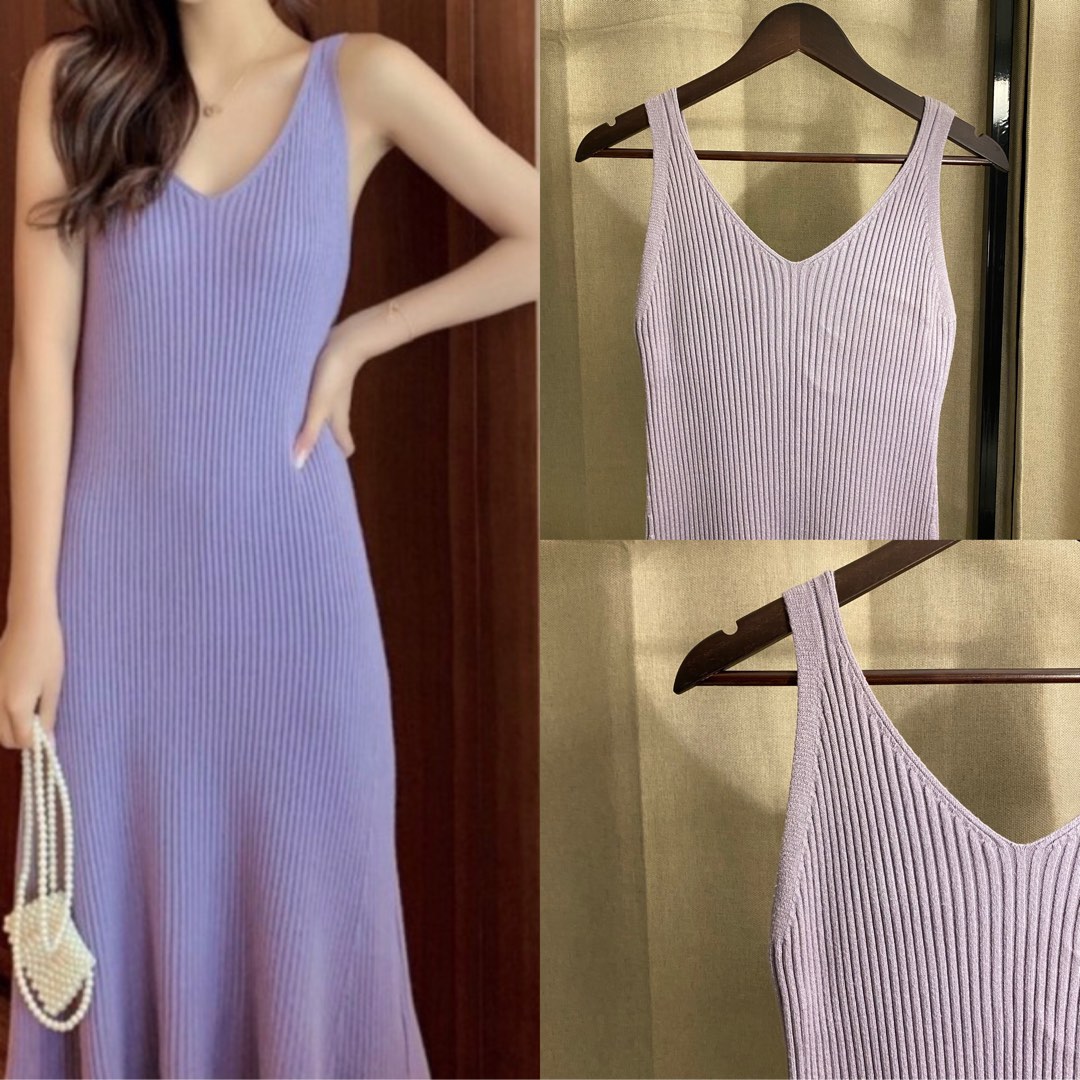 ATS The Label knit lilac ribbed midi dress, Fesyen Wanita, Pakaian ...