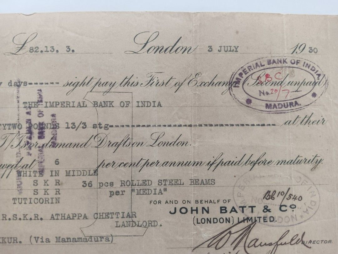 BILLOR NOTE 1930 - BANK DRAFT to IMPERIAL BANK OF INDIA from London U K ...