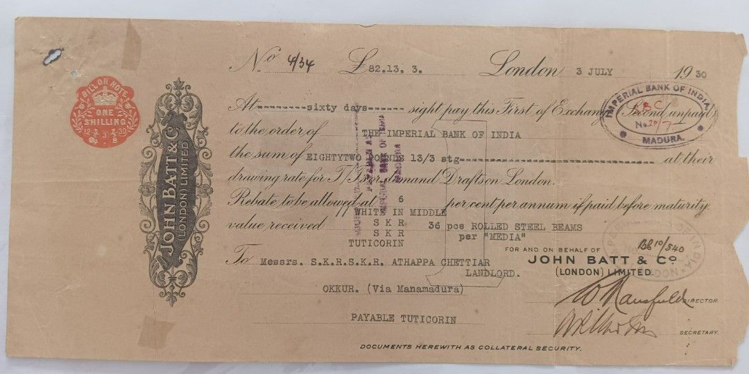 BILLOR NOTE 1930 - BANK DRAFT to IMPERIAL BANK OF INDIA from London U K ...