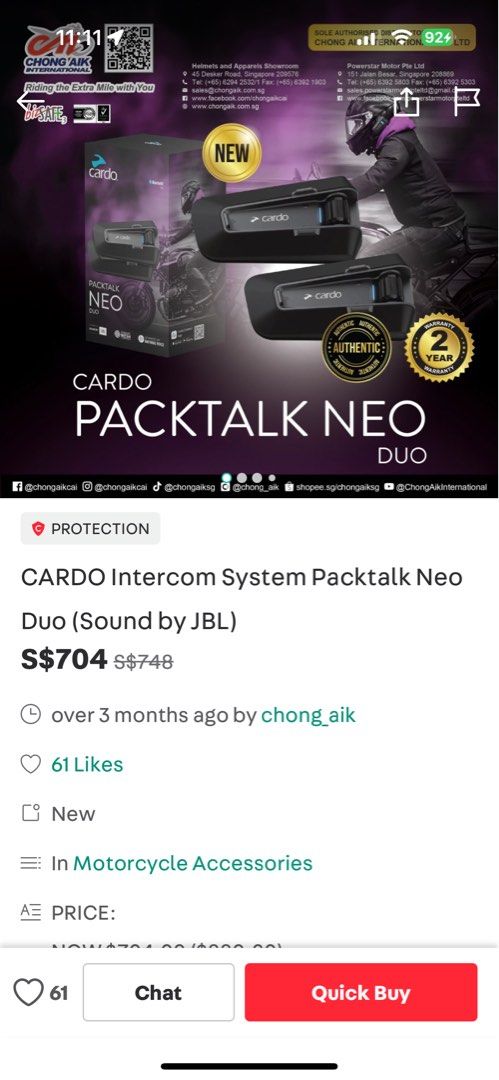 Cardo Packtalk Neo helmet Bluetooth communicator mesh *SINGLE* brand ...