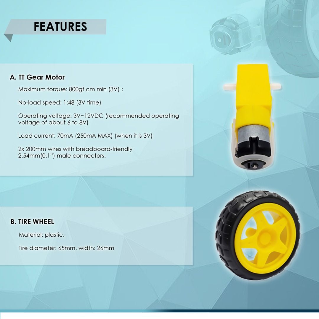 DC GEARBOX MOTOR TT MOTOR TIRE WHEEL DC 3-6V DUAL SHAFT GEARED, 1:48 ...