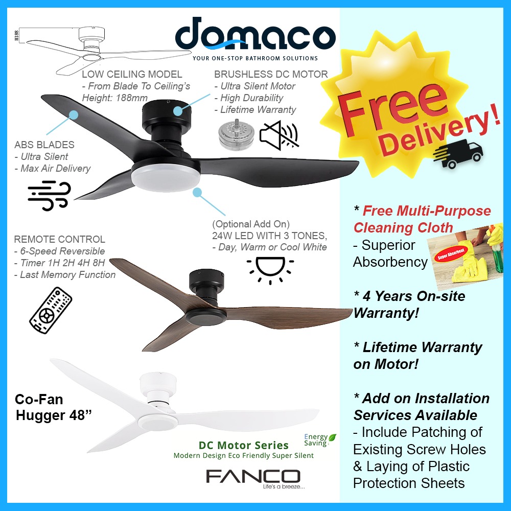 Fanco Co-Fan Hugger Low Ceiling Fan 48" with Optional Light Kit ...