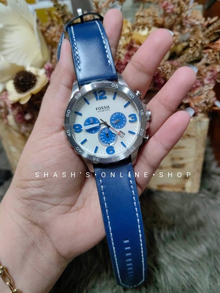 Fossil Nate Chronograph White Dial & Blue Leather Strap Men's Watch ...