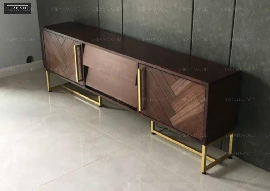 HERMIONE Herringbone Acacia Wood TV Console, Furniture & Home Living ...