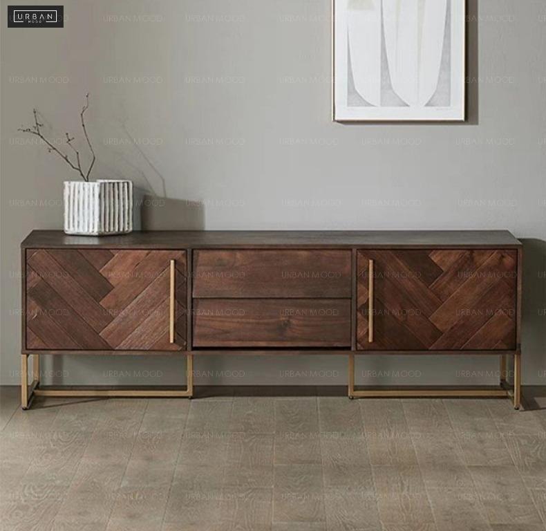 HERMIONE Herringbone Acacia Wood TV Console, Furniture & Home Living ...