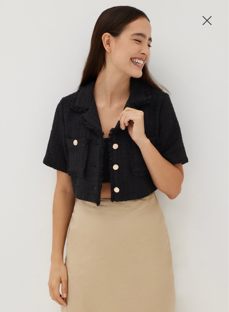 LoveBonito LB Lannie Tweed Crop Outer (Black), Women's Fashion, Tops ...