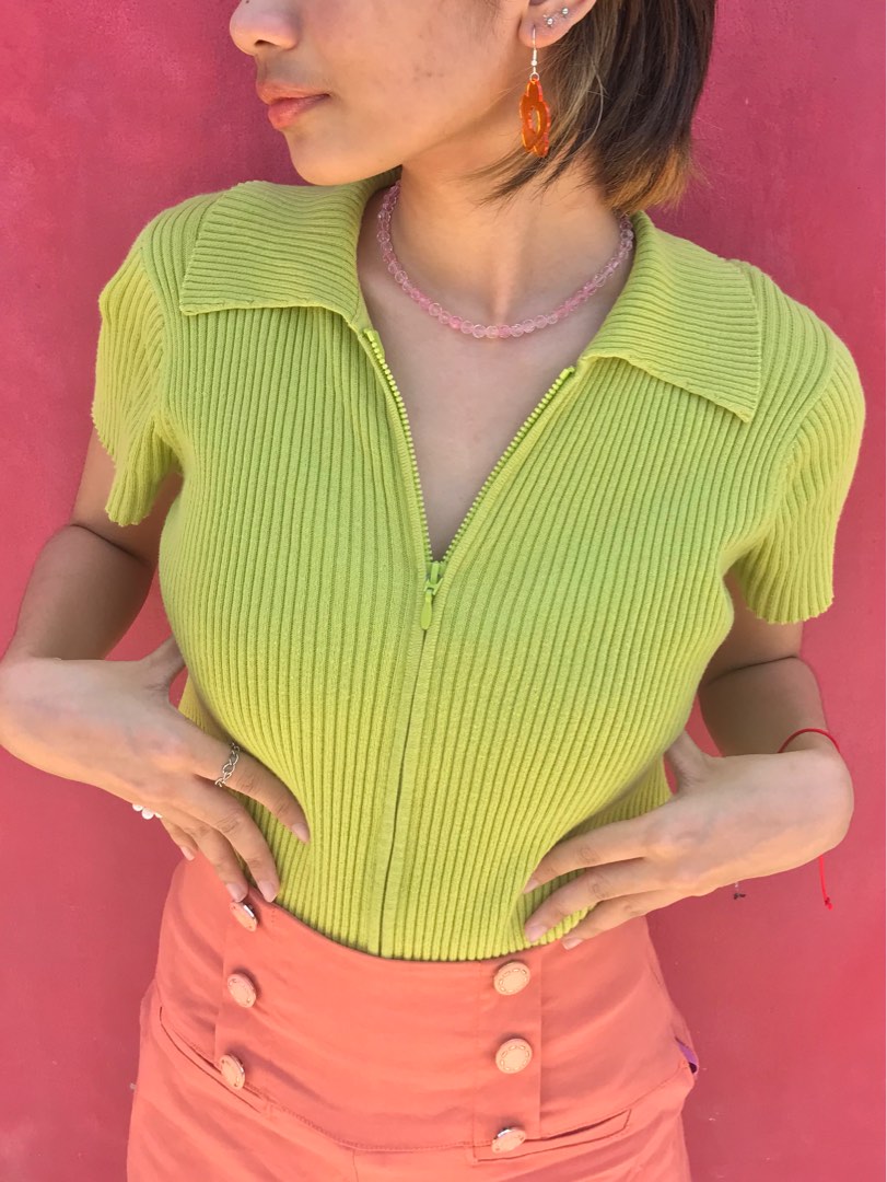 Lime Green Retro Ribbed-Knit Zip Up Collared Top, Women's Fashion, Tops ...