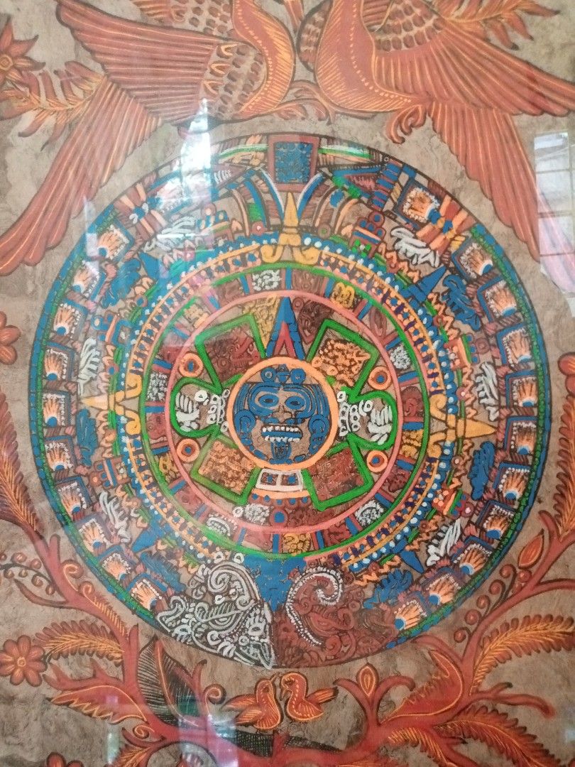 Mexican Folk Art Aztec Calendar. Hand Painted on Amate Paper, Furniture ...
