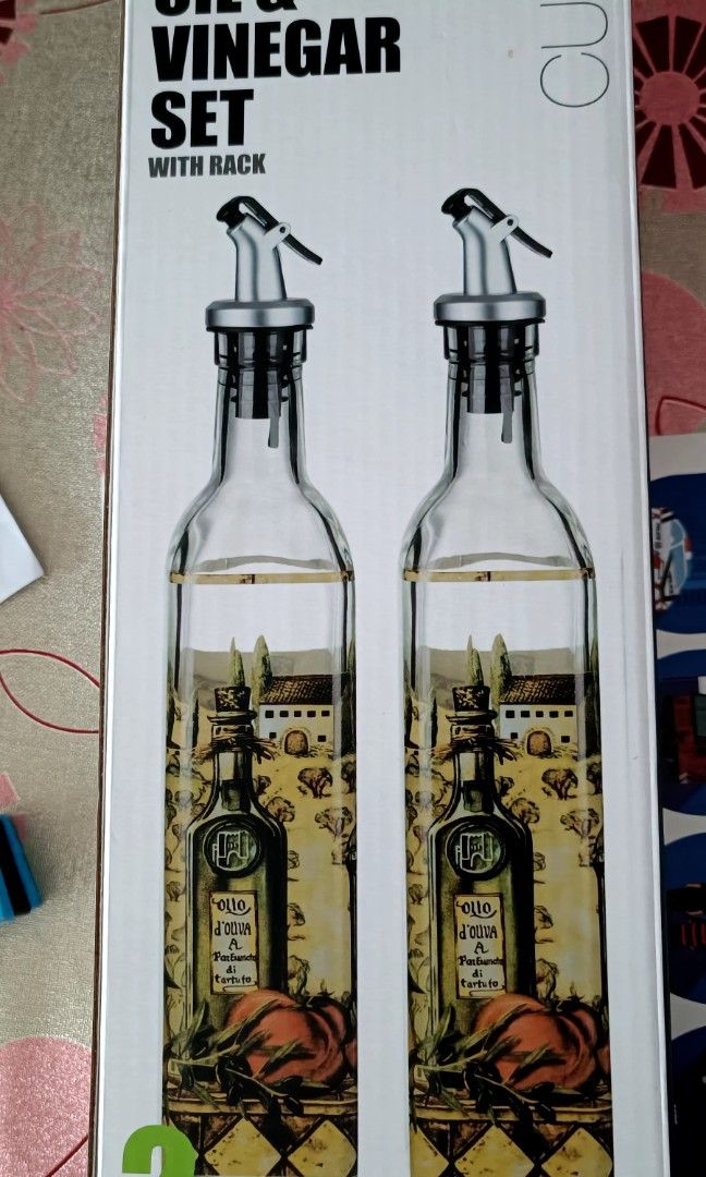 Oil and vinegar glass bottles set with rack, Furniture & Home Living ...