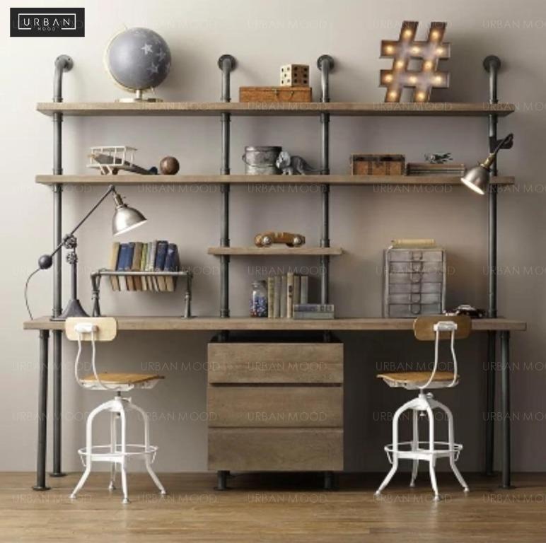 PIPER Modern Industrial Solid Wood Study Table + Shelves, Furniture ...