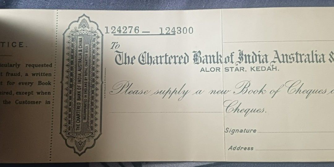 The Charted Bank of India Australia & China. 21 Cheque Leaves from Alor ...