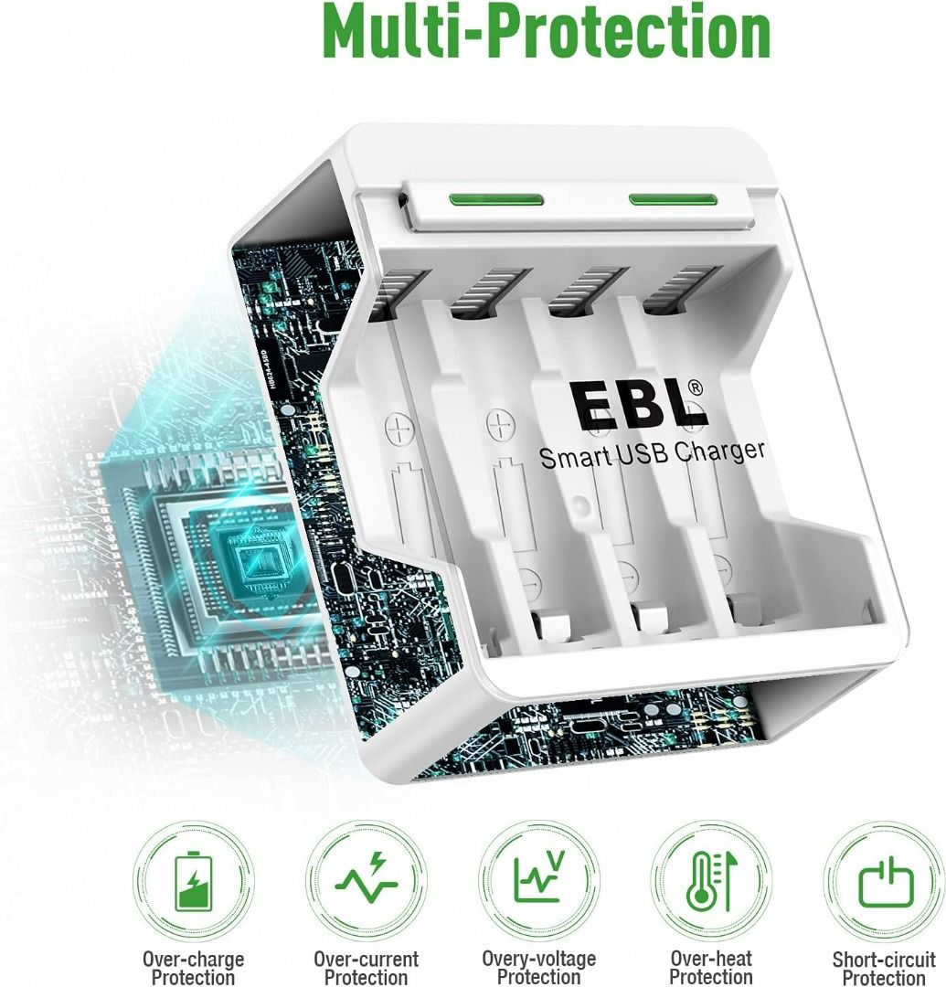 018) EBL Quick Smart AA AAA Battery Charger with 1A USB Input Port for ...