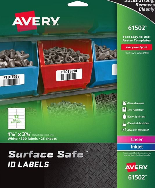 300 LABELS AVERY ID Labels Surface Safe White Sticker Avery 61502 Water ...