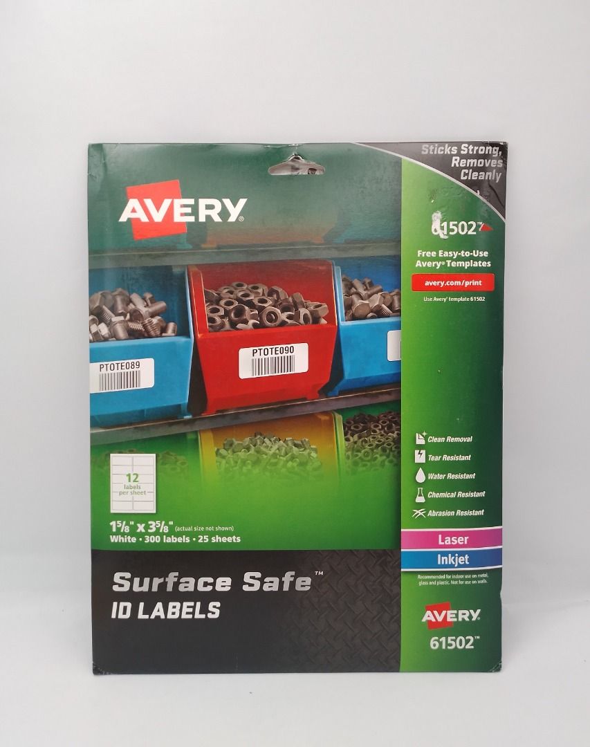 300 LABELS AVERY ID Labels Surface Safe White Sticker Avery 61502 Water ...