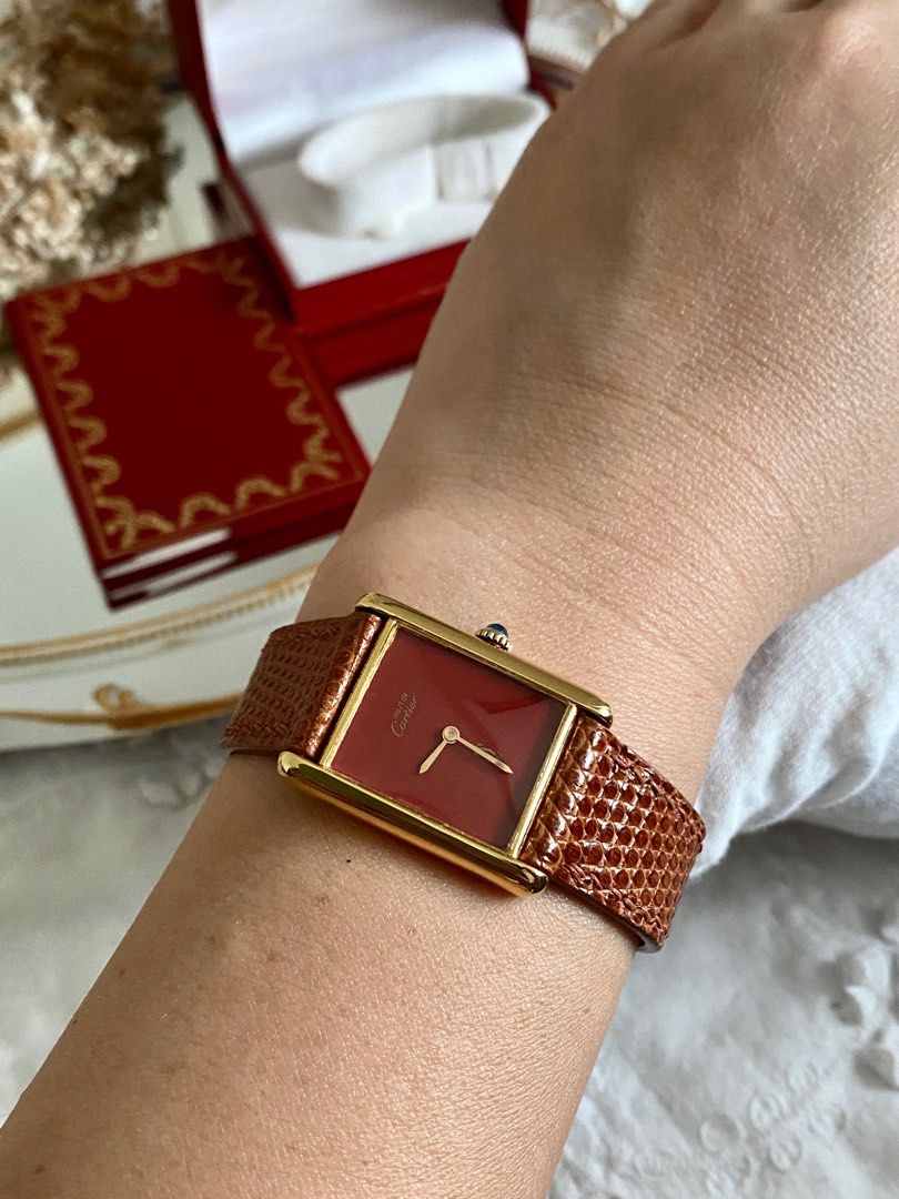 Cartier Tank Red Dial Hand Manual Winding Wrist Watch Gold Plated ...